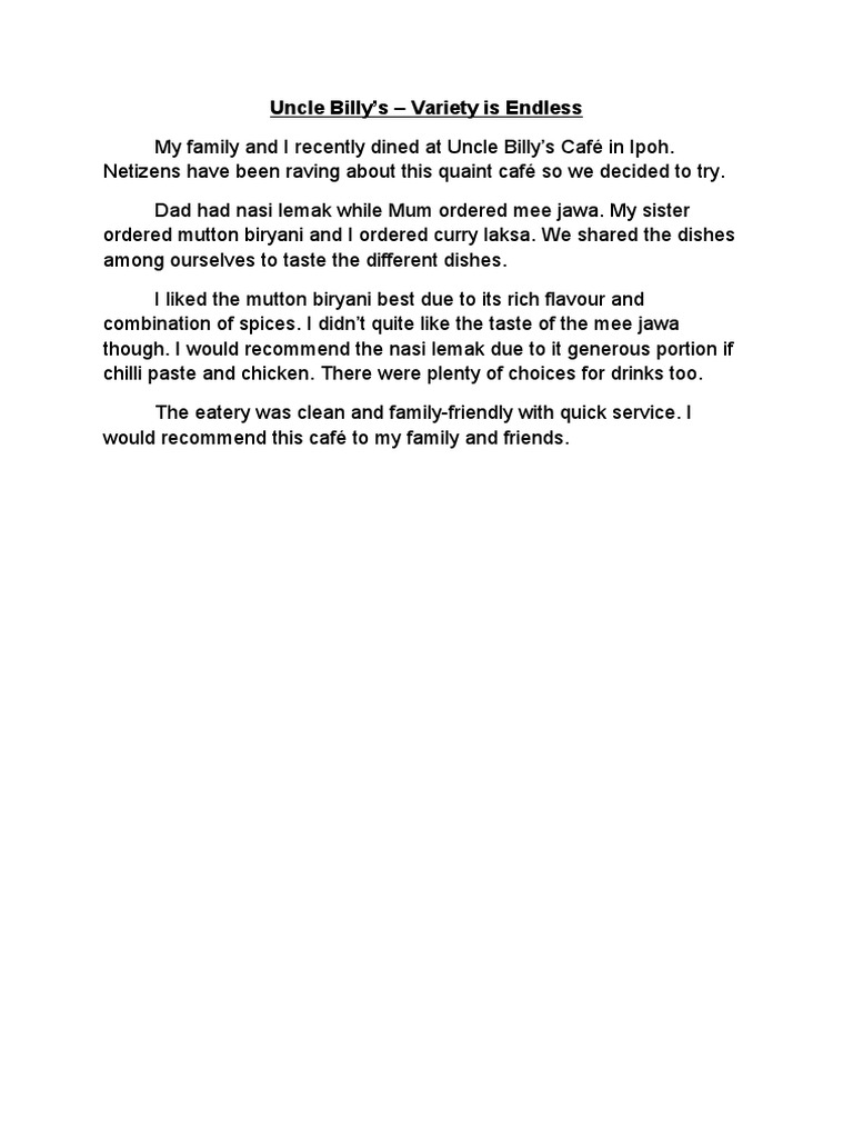 Uncle Billy's Café: A Family Dining Review | PDF