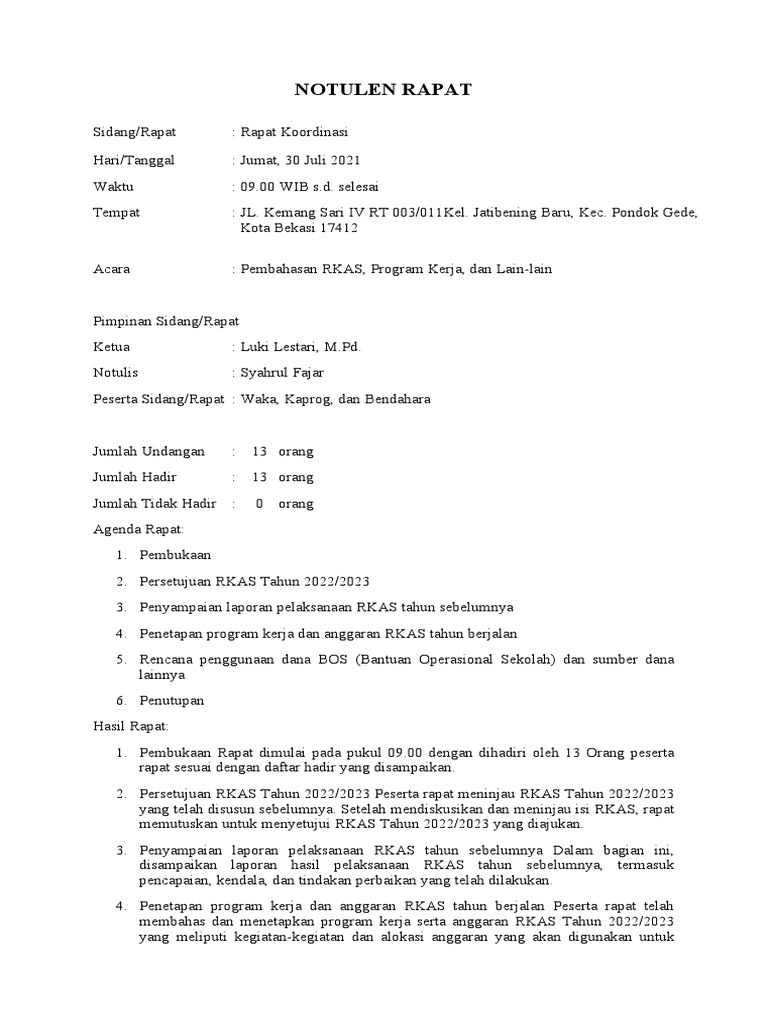 Notulen Rapat Kordinasi Pembahasan RKAS, Program Kerja, Dan Lain-Lain ...