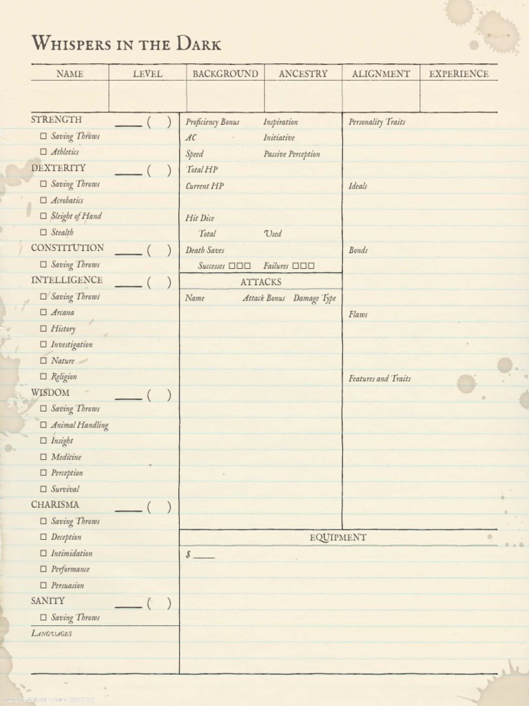 Whispers in The Dark Character Sheet | PDF