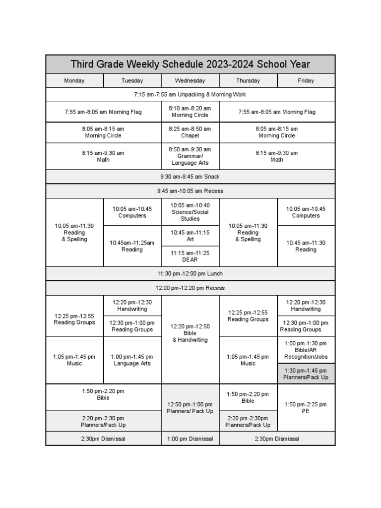 Third Grade Weekly Schedule 2023-2024 School Year | PDF