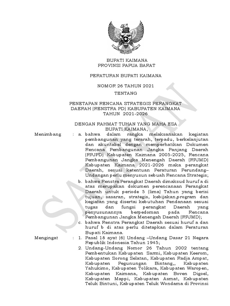 Perbup No 26 Penetapan Rencana Strategis Perangkat Daerah (Renstra PD) | PDF