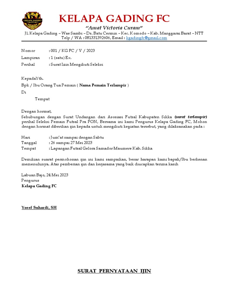 Surat Ke Ortu Pemain Seleksi Pra Pon | PDF