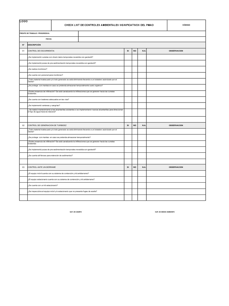 Check List de Controles Ambientales Significativos Del Pmao | PDF ...