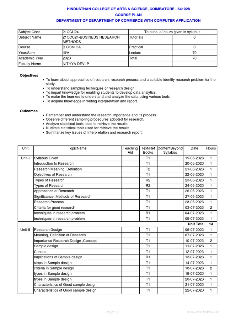 CoursePlan - BRM | PDF | Survey Methodology | Sampling (Statistics) CoursePlan - BRM | PDF | Survey Methodology | Sampling (Statistics)