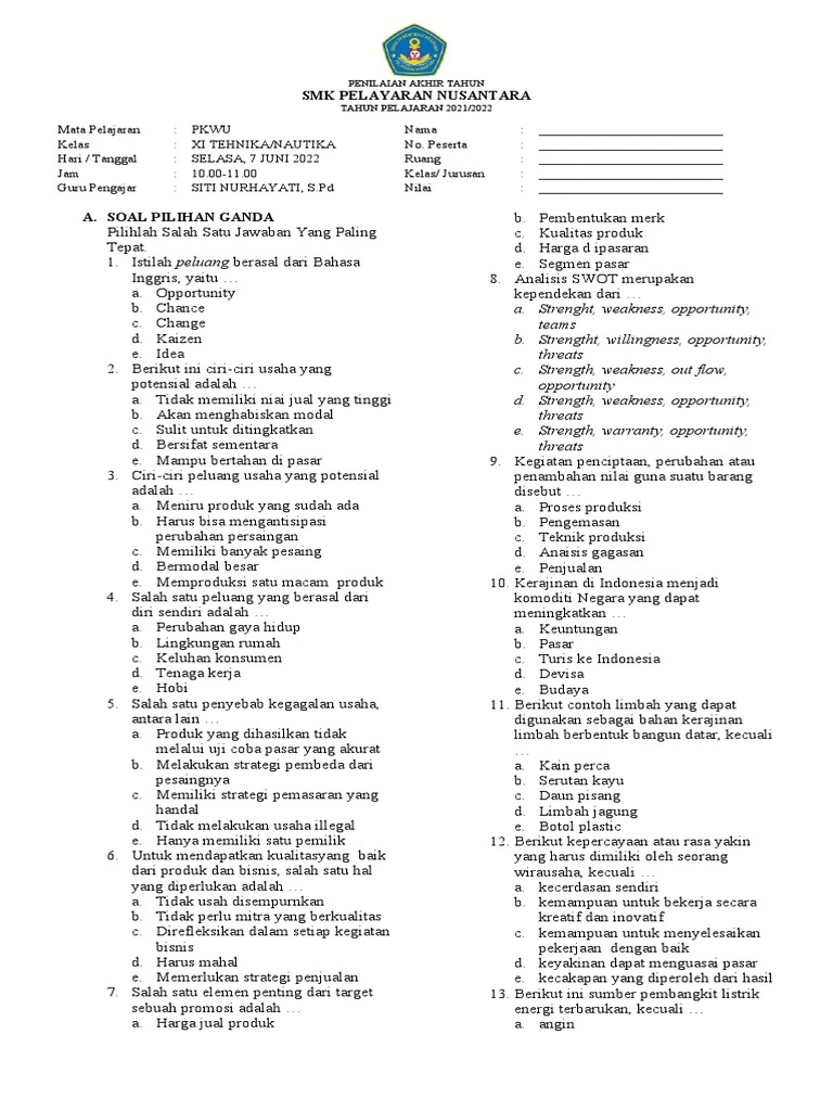 Soal Pat Pkwu 2022 | PDF