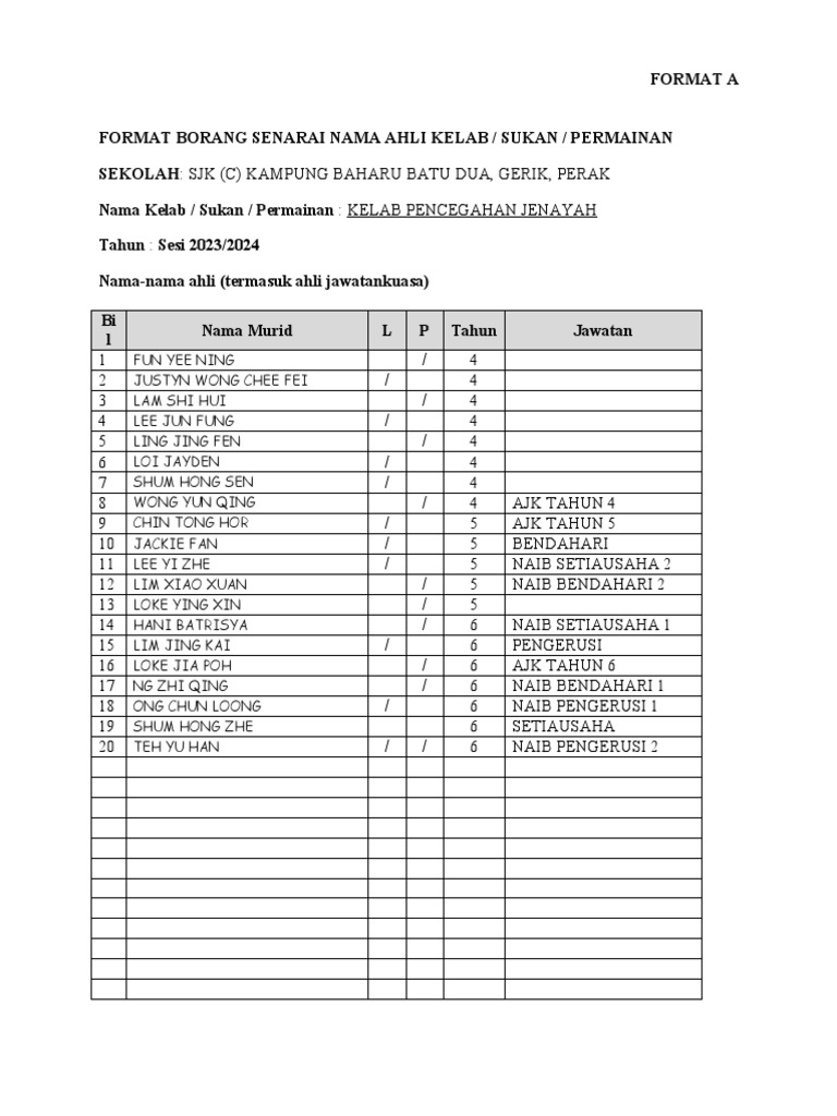 Borang Dalam Fail (KELAB & PERSATUAN) - KPJ 2023 | PDF