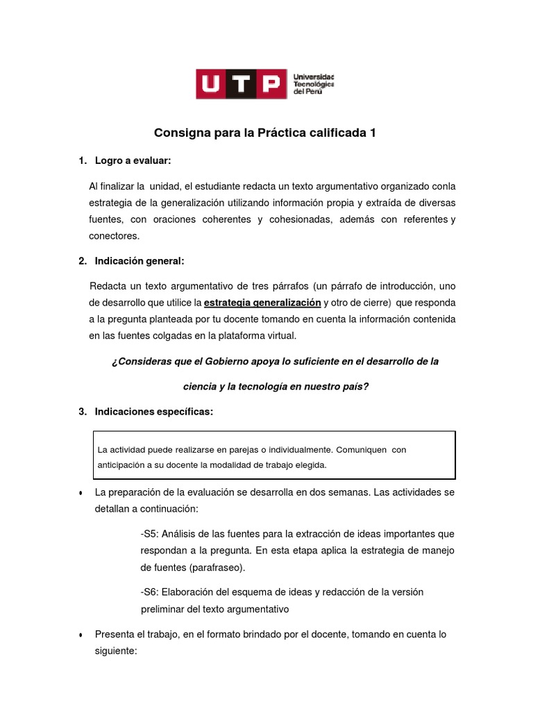 Semana 07 - Entrega de La PC1 Texto Argumentativo | PDF