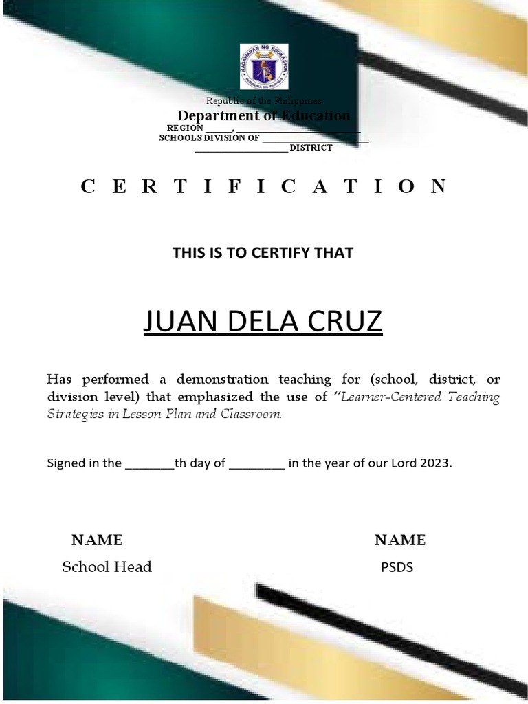 Demo Teaching Certificate for Juan Dela Cruz | PDF | Social Science