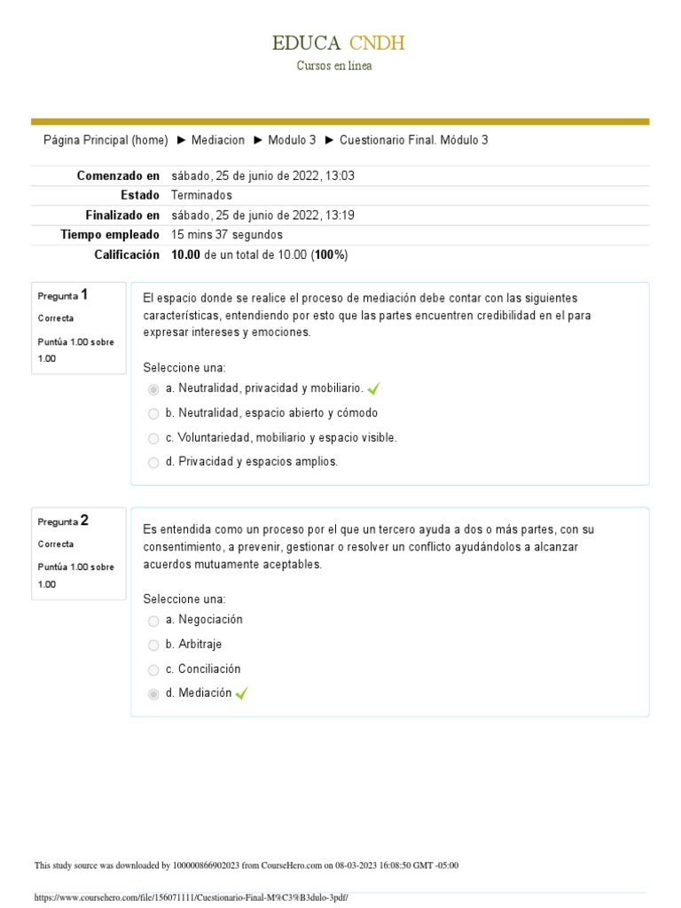 Cuestionario Final. M Dulo 3 PDF | PDF | Mediación