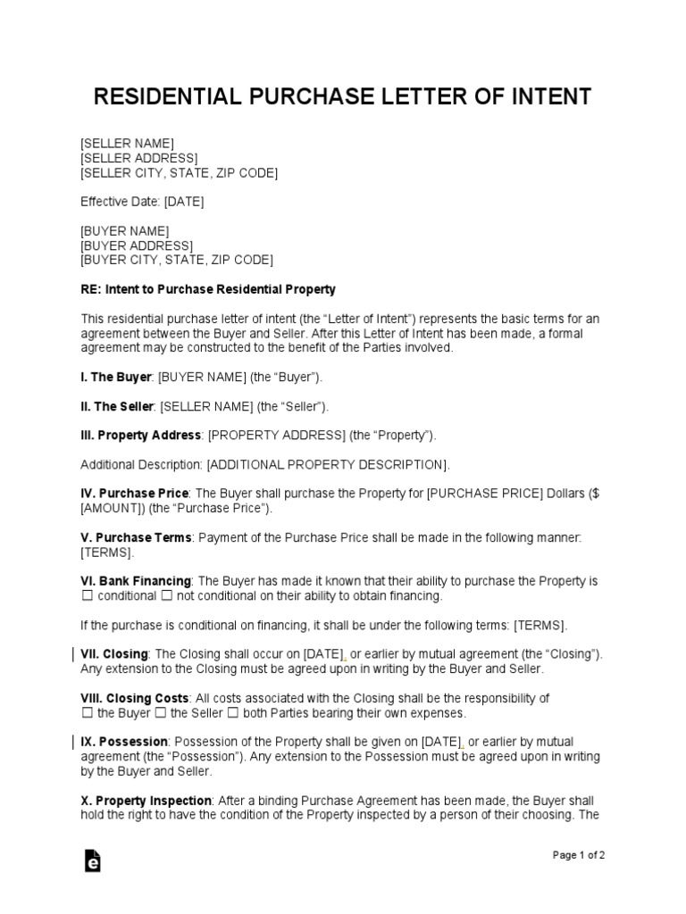 Residential Purchase Letter of Intent | PDF | Sales | Prices