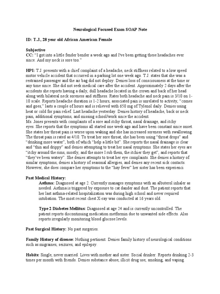 Shadow Health SOAP Note Neurological Focused Assessment | PDF ...