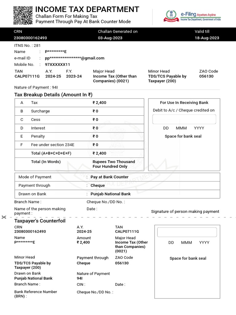 Tax Payment Challan Form 2023 | PDF | Payments | Cheque