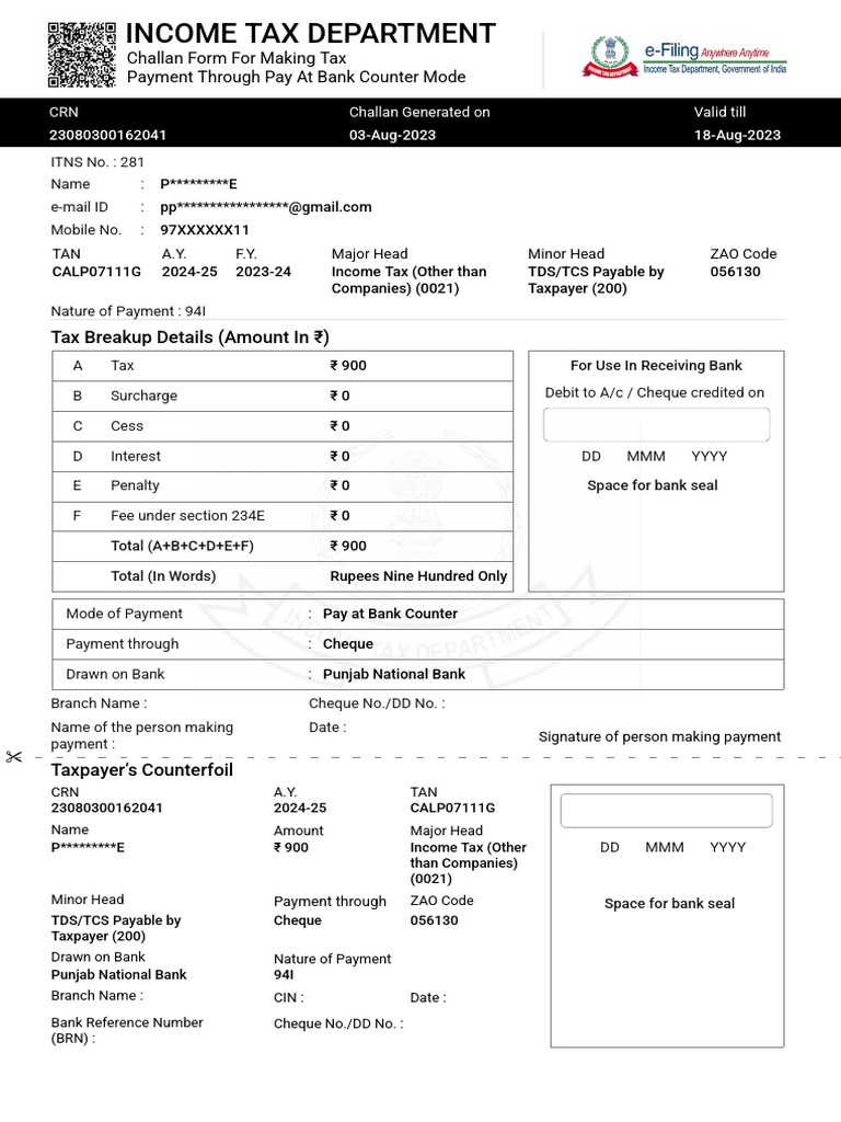 Income Tax Payment Receipt 2023 | PDF | Payments | Cheque
