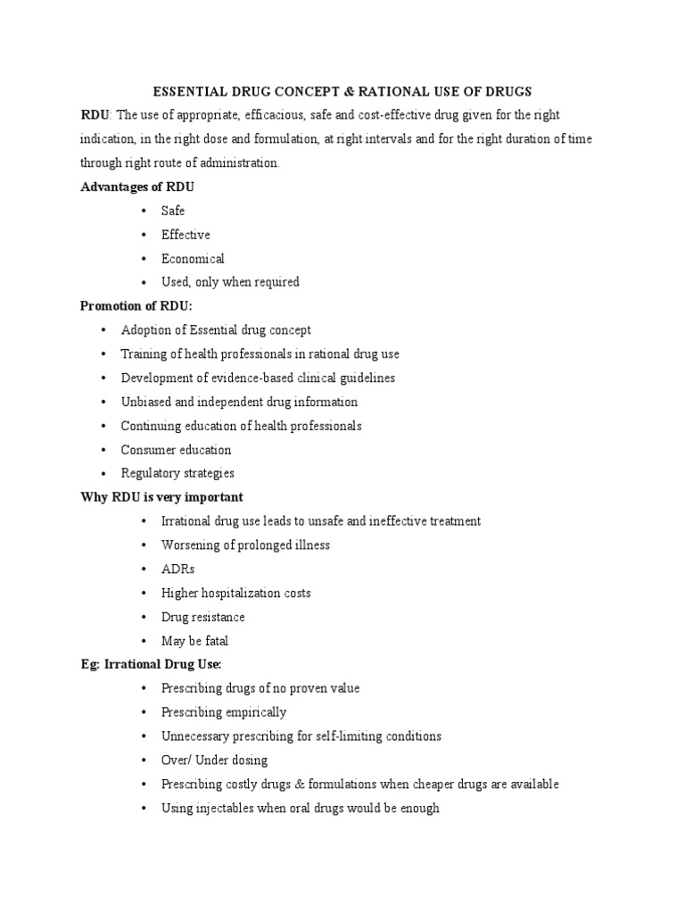 Essential Drug Concept & Rational Use of Drugs RDU: The Use of ...