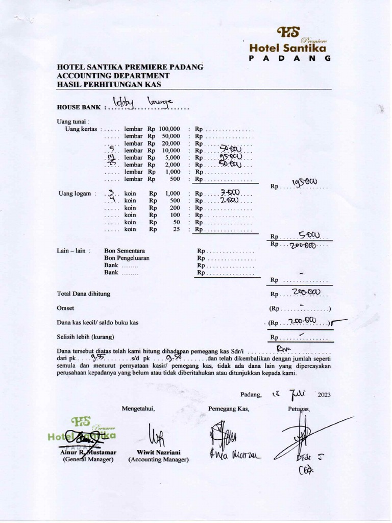 Cash Opname Lobby Lounge - 18 Juli 2023 | PDF