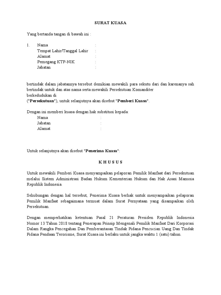 Surat Kuasa - Pengisian Beneficial Ownership | PDF | Hukum