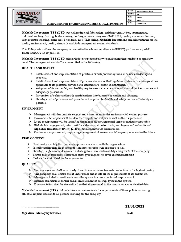 Mphohlo Investment SHERQ Policy | PDF | Safety | Occupational Safety ...