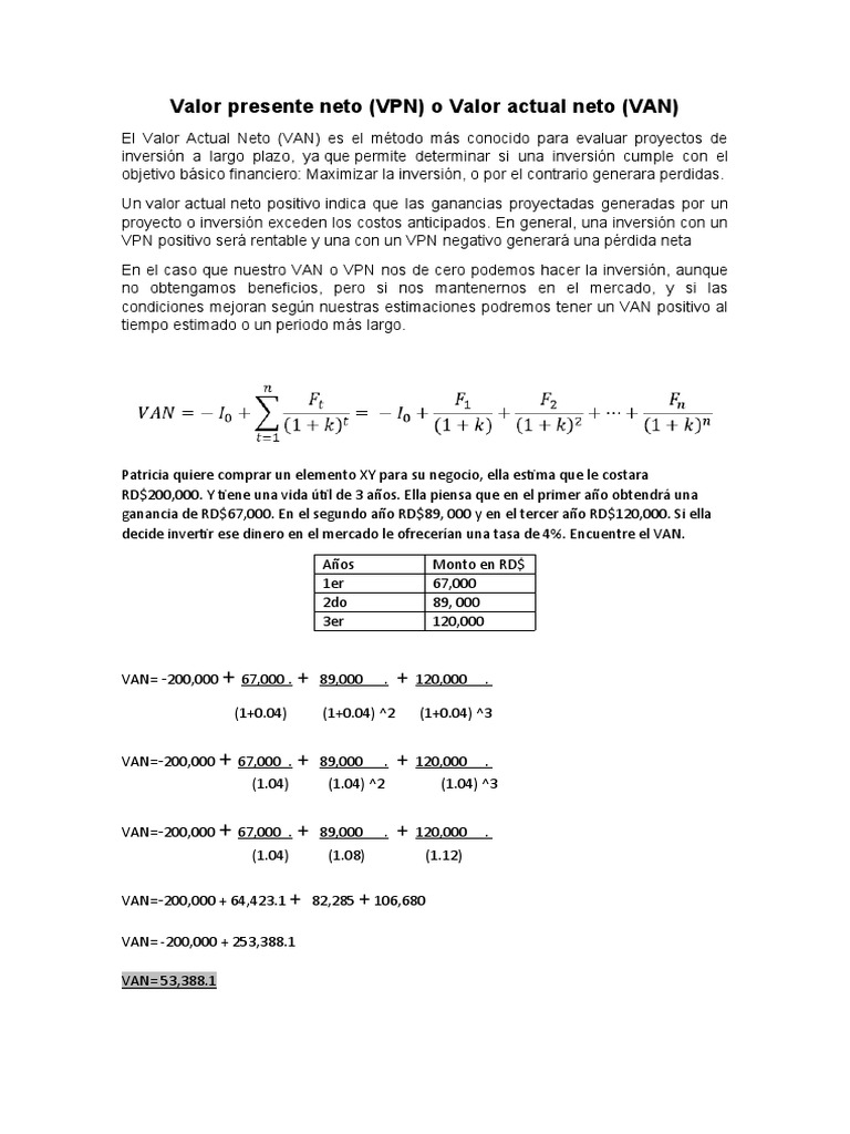 Valor Presente Neto (VPN) o Valor Actual Neto (VAN) | PDF | Valor presente neto | Economias