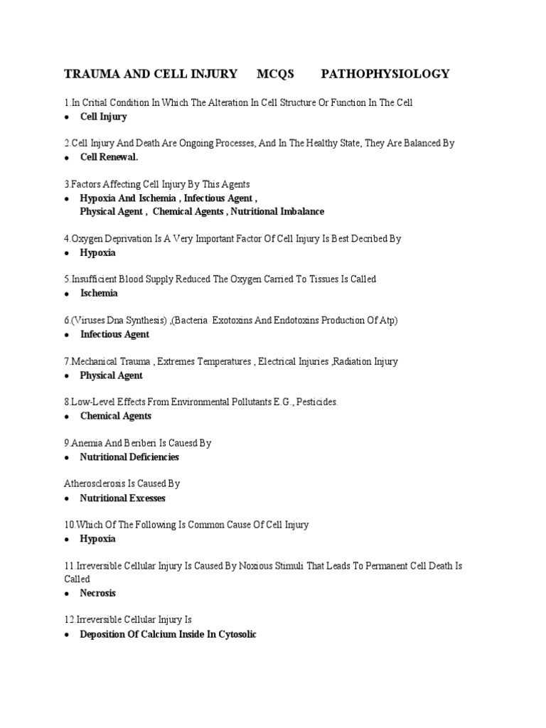01 Trauma and Cell Injury Mcqs Pathophysiology | PDF