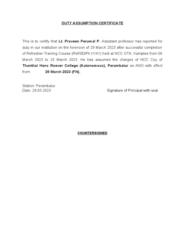 Duty Assumption Certificate | PDF