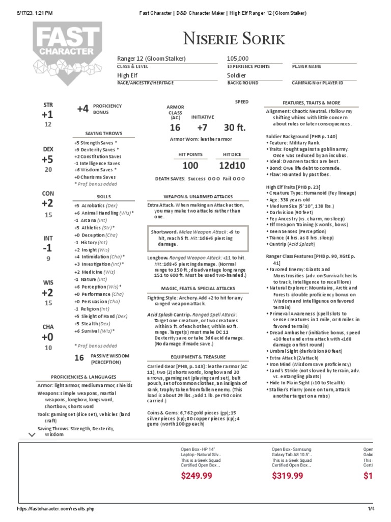 Fast Character - D&D Character Maker - High Elf Ranger 12 (Gloom Stalker) | PDF | D20 System ...