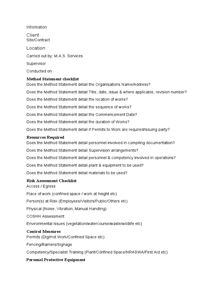 Method Statement Checklist Pdf