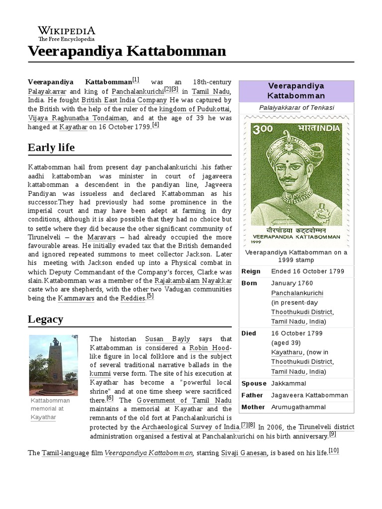 Veerapandiya Kattabomman: A Historical Overview | PDF | Tamils | South ...