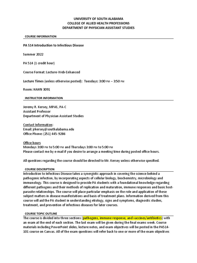 Pa 514 Intro To Infectious Disease Syllabus Pdf Infection Pathogen