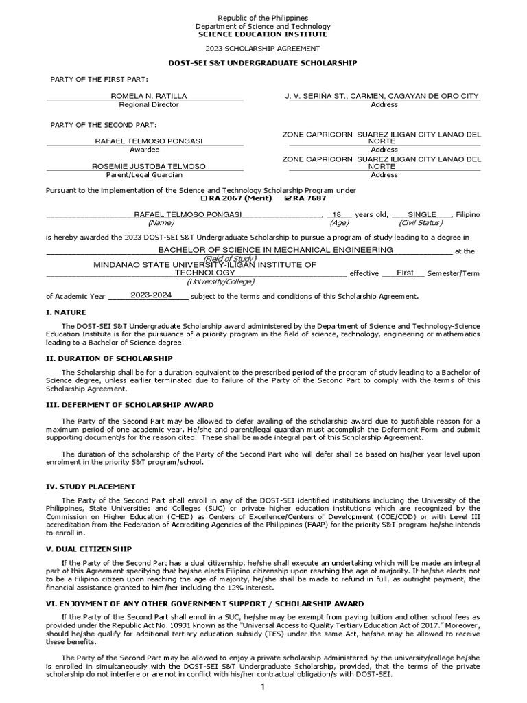FINAL-DOST-2023-SCHOLARSHIP-AGREEMENT | PDF