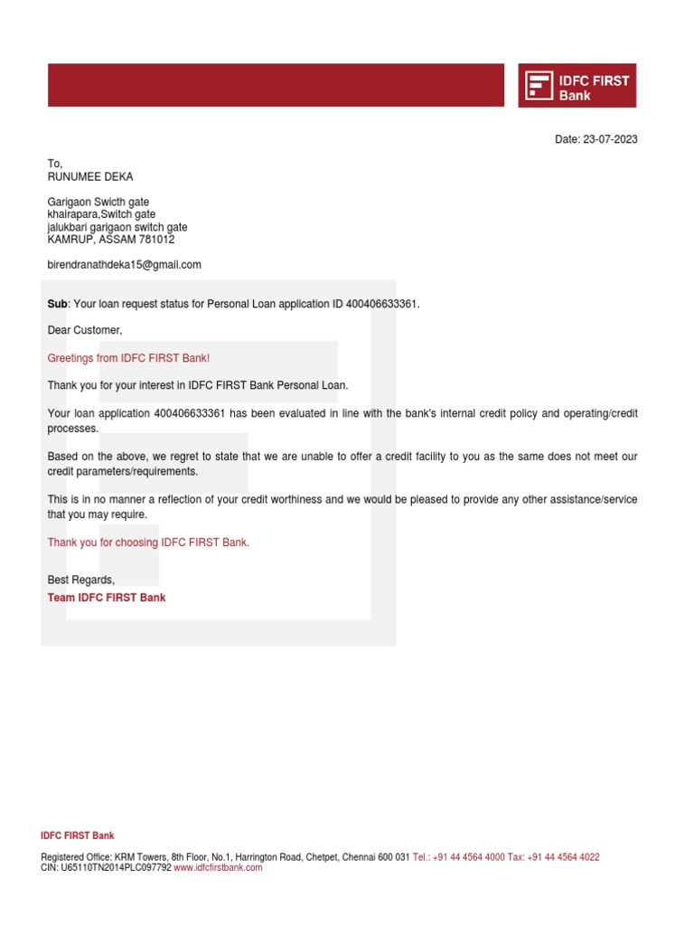 Rejection Letter | PDF | Business | Finance & Money Management