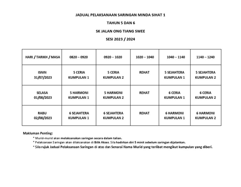 JADUAL PELAKSANAAN SARINGAN MINDA SIHAT 1 | PDF