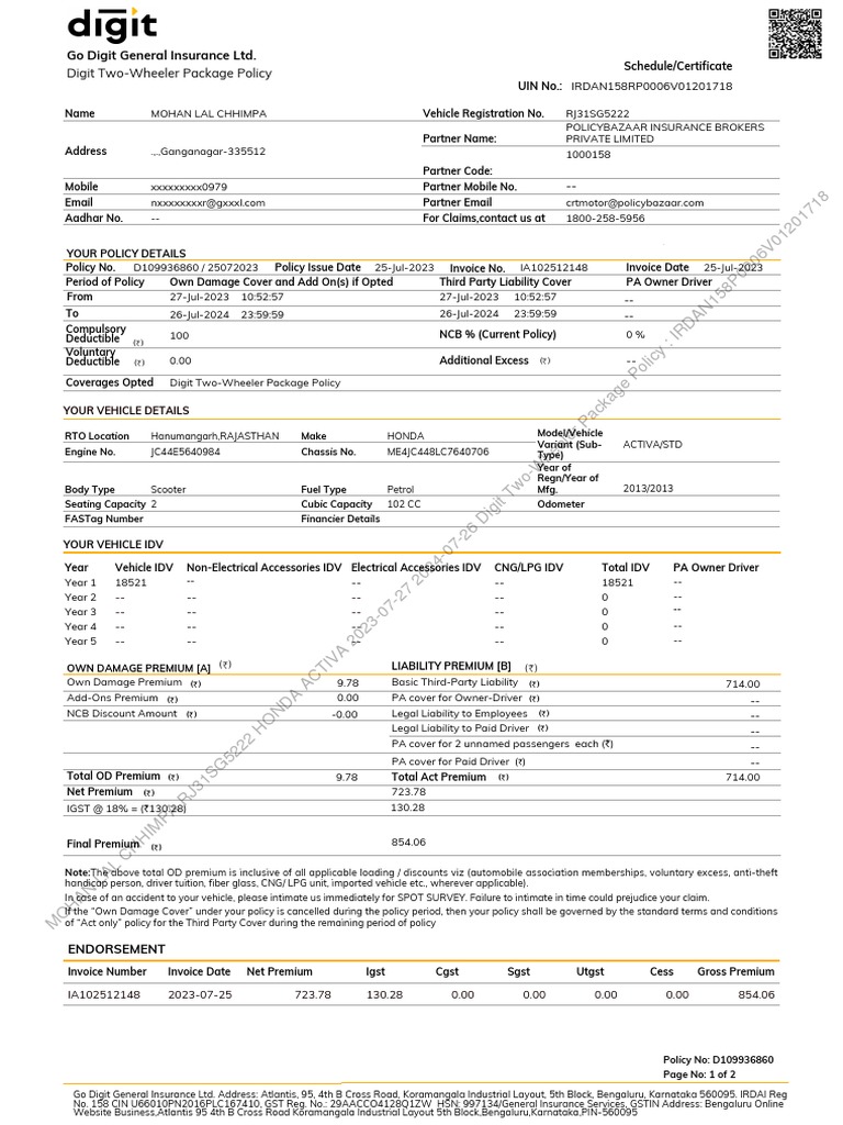 Activa Policy | PDF | Insurance | Driver's License