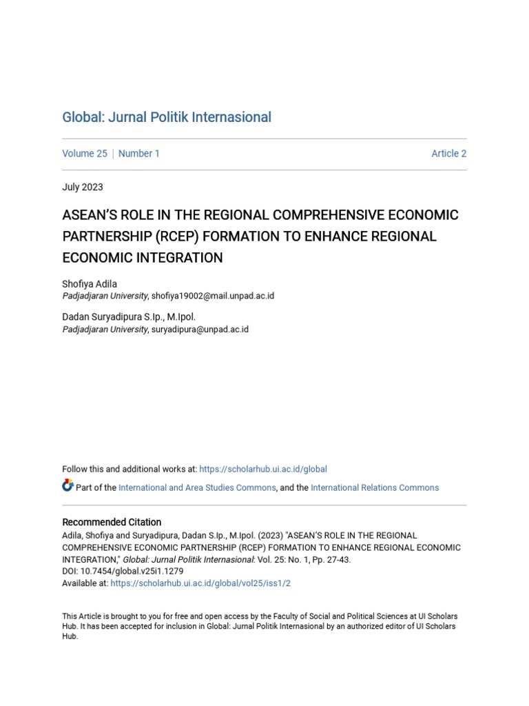 Asean - S Role in The Regional Comprehensive Economic Partnership (Rcep ...