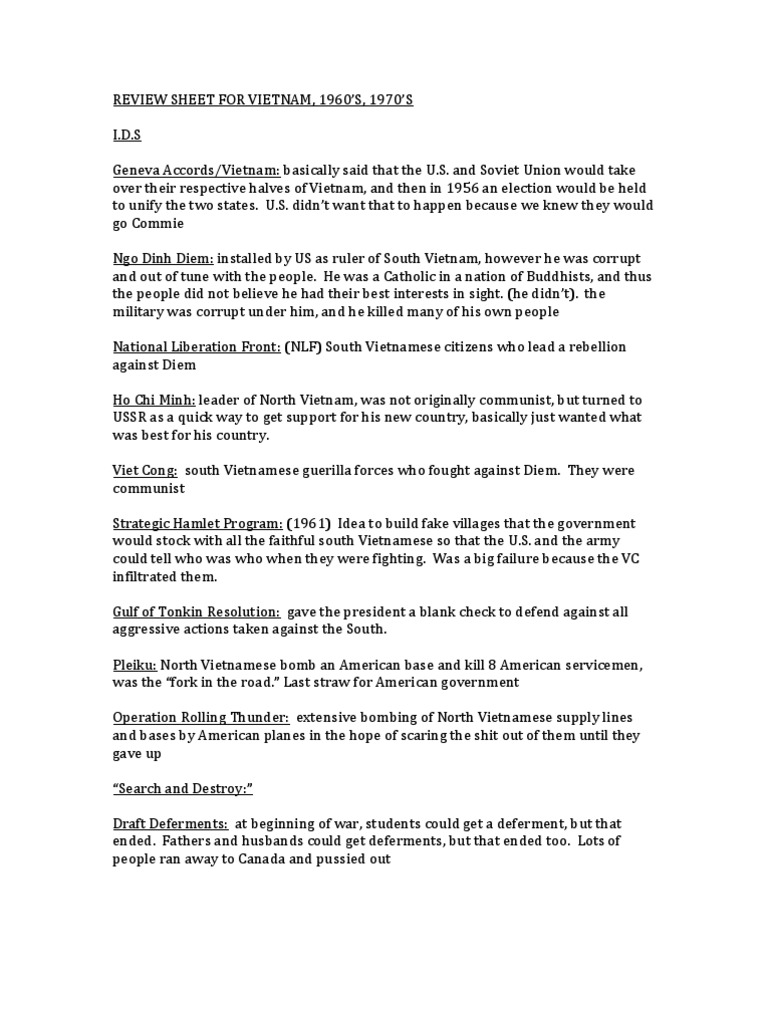 Review Sheet For Vietnam | PDF | Vietnam War | Viet Cong