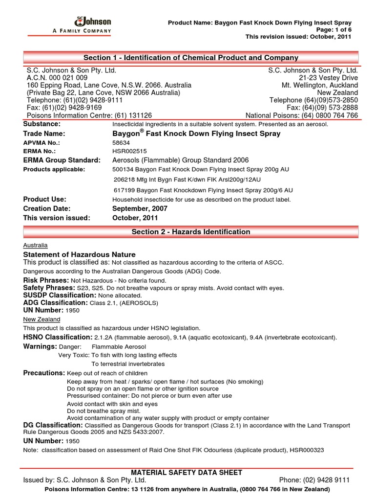 (SDS) Baygon Fast Knock Down Flying Insect Spray | PDF | Firefighter ...