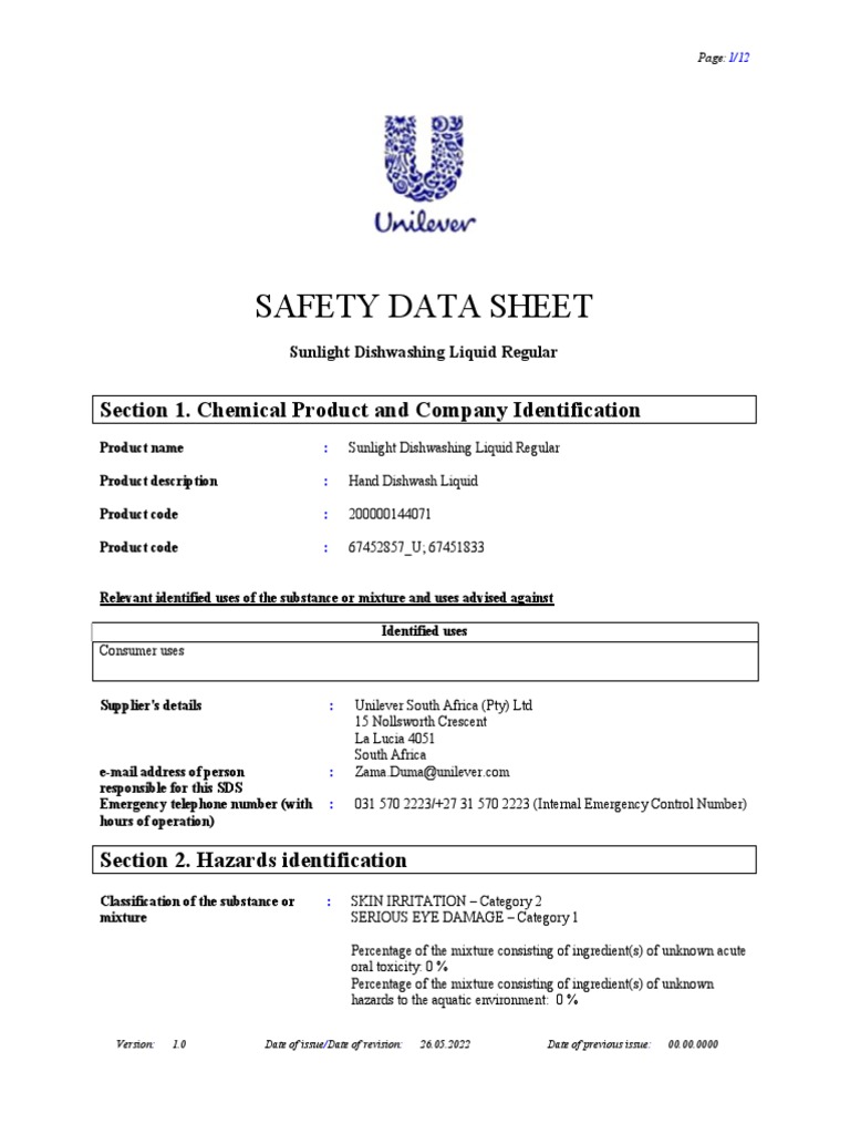 Sunlight Dishwashing Liquid SDS | PDF | Toxicity | Occupational Safety ...