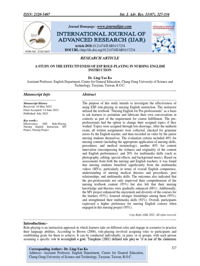 A Study On The Effectiveness of Esp Role-Playing in Nursing English Instruction | PDF | Science ...