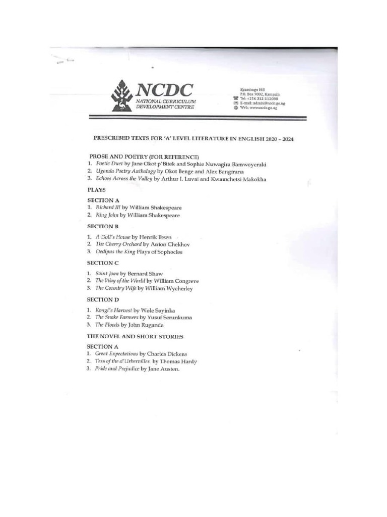 A Level NCDC LITERATURE SET BOOKS 2019-2024 | PDF