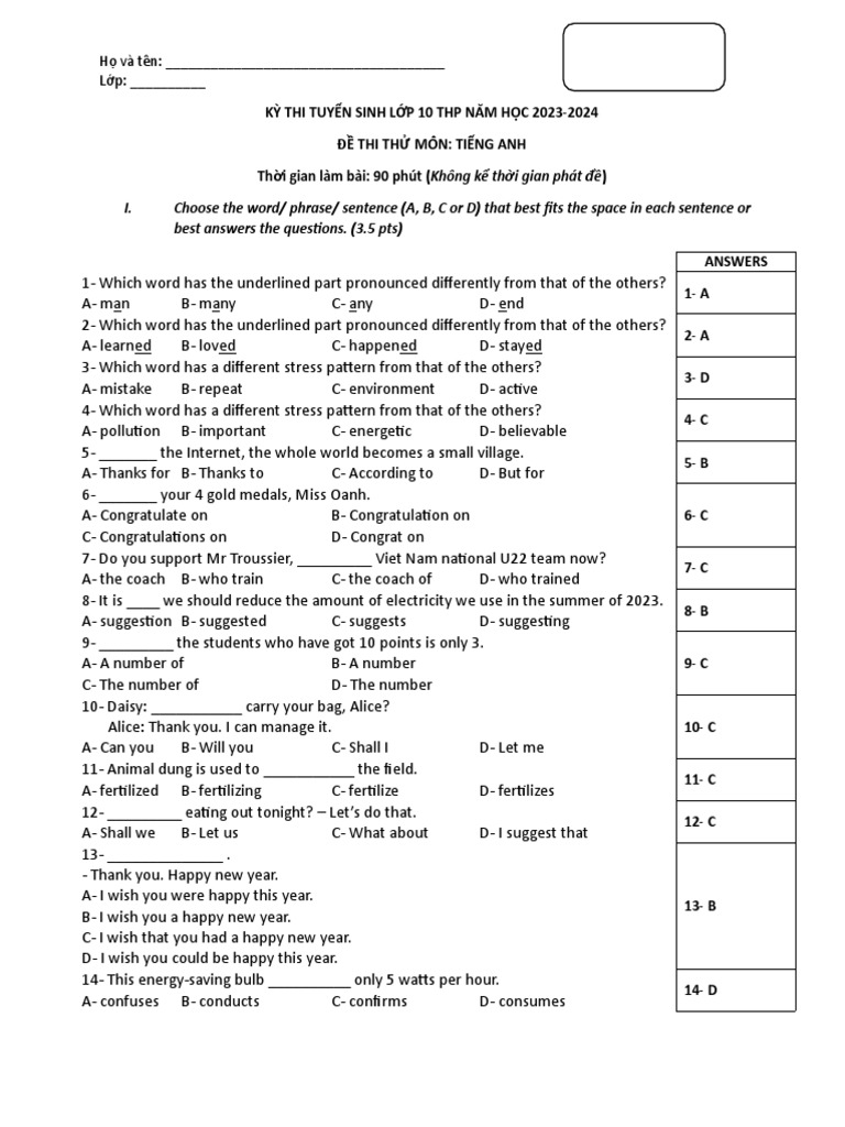 Thi Thu TS 10 0 Duong Key | PDF