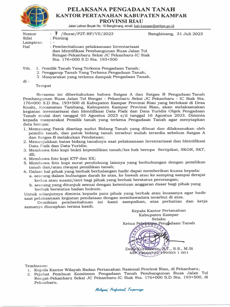 Surat Pemberitahuan Desa Kualu No 7 | PDF