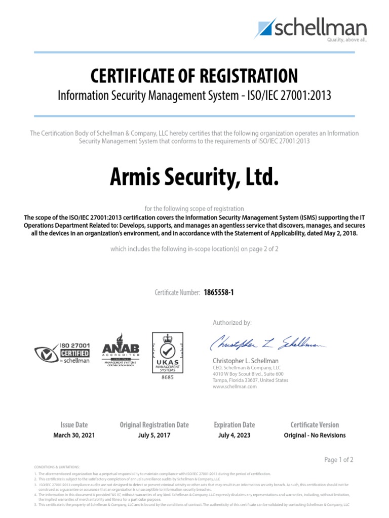 Armis - 2021 - ISO 27001 - Certification Transfer - Final Certificate | PDF | Implied Warranty ...