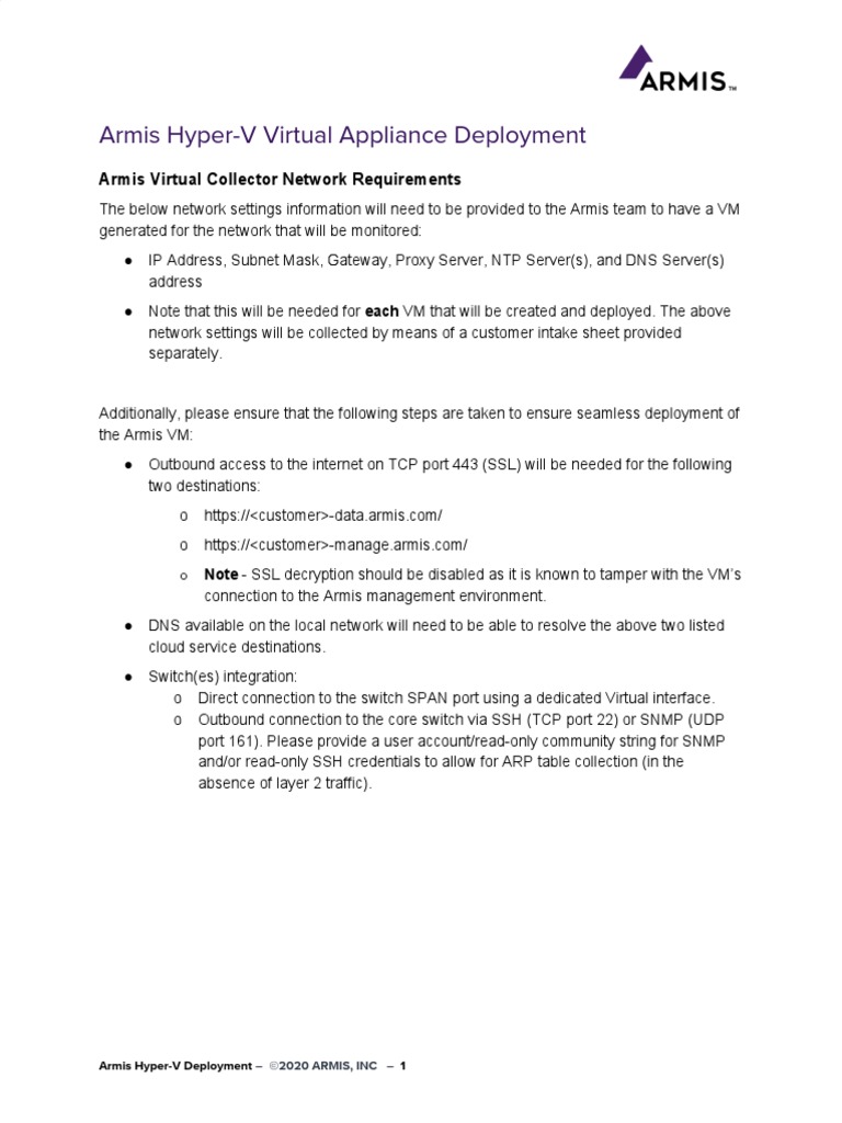 Armis - Hyper-V Virtual Appliance Configuration Guide Rev F | PDF | Hyper V | Computer Network