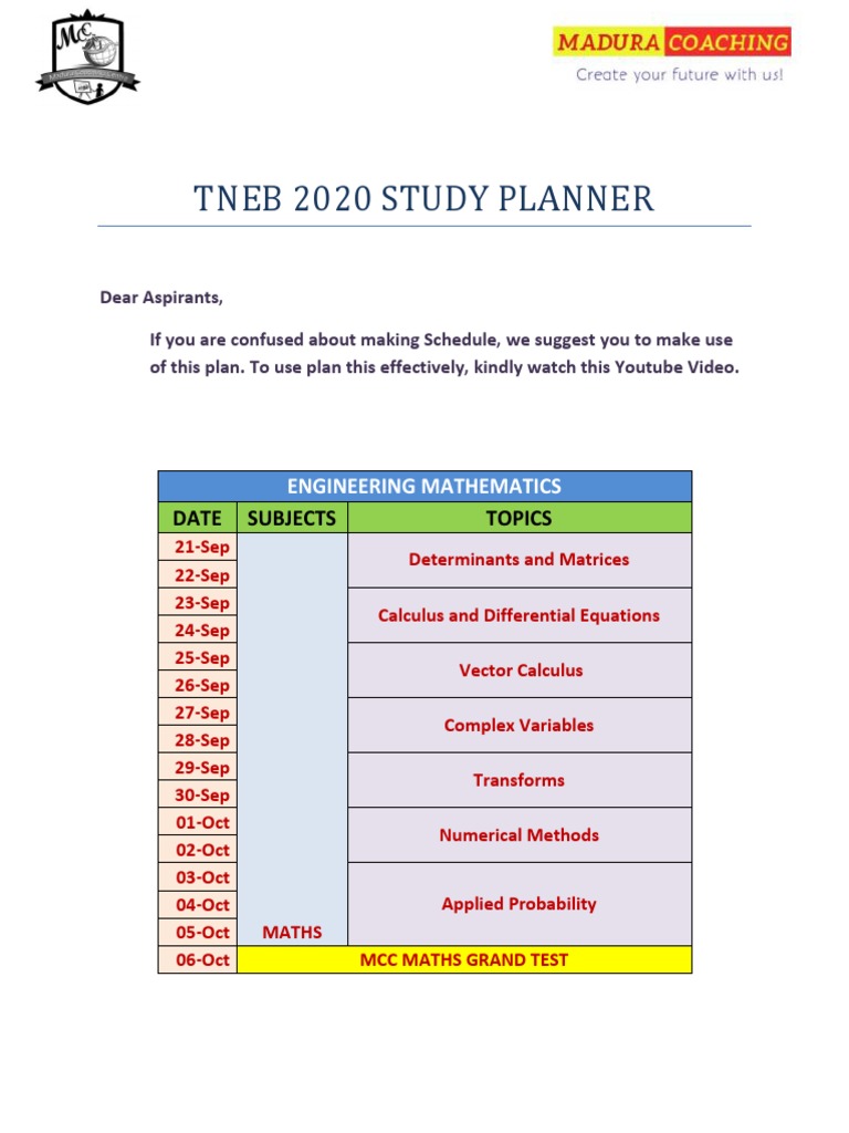 TNEB 2020 Study Planner Guide | PDF