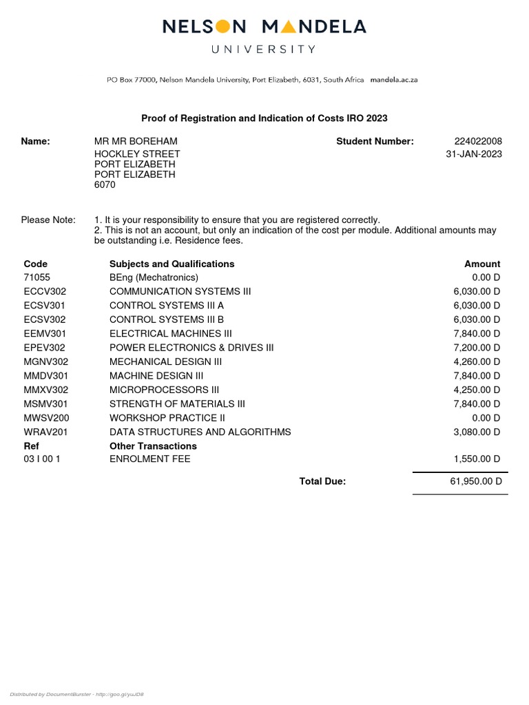 2023 Registration Costs for BEng Mechatronics | PDF | Computer ...
