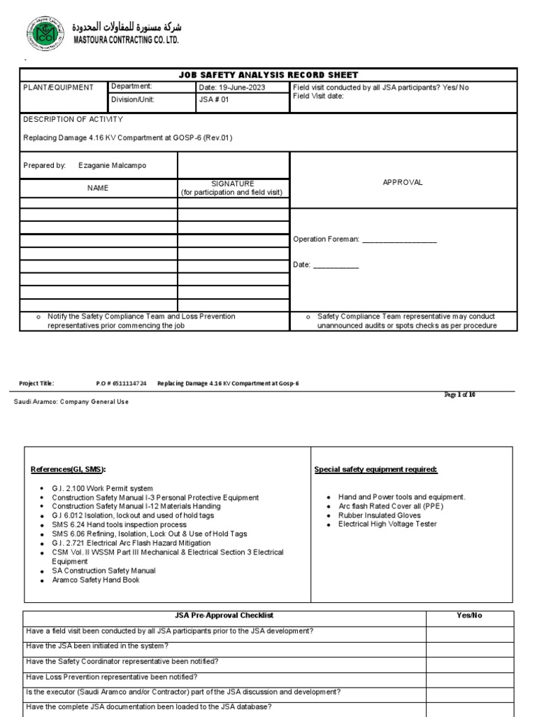 JSA Rev. 01-Replacing Damage 4.16KV Compartment | PDF