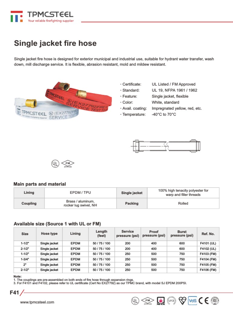 F41 Single Jacket Fire Hose | PDF | Materials | Building Materials