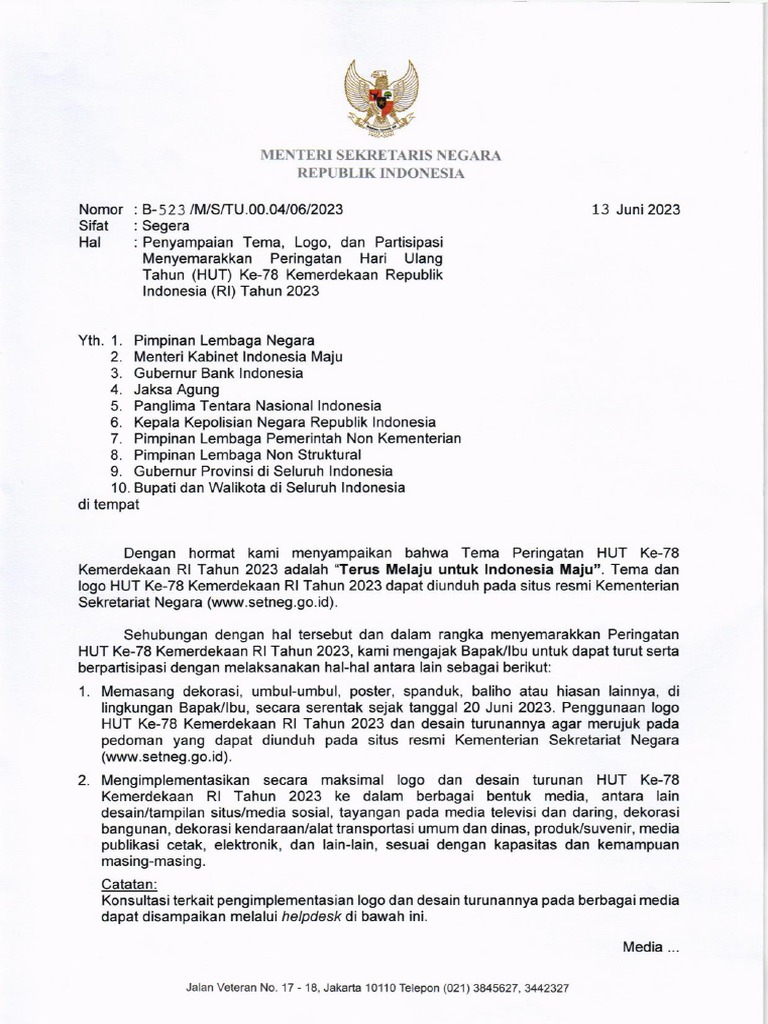 Surat Edaran Menteri Sekretaris Negara Tentang Pedoman Peringatan HUT ...
