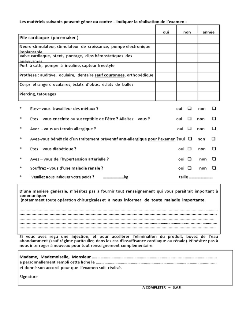 Questionnaire Irm PDC | Descargar gratis PDF | Spécialités médicales | Médecine clinique