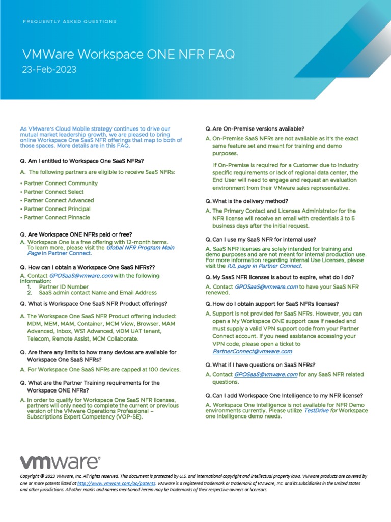 VMware Workspace ONE SaaS NFR FAQ 23-Feb-2023 EN | PDF | Software As A Service | License