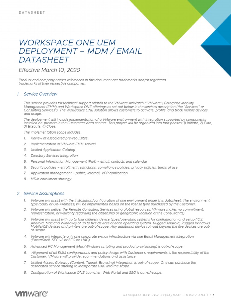 Workspace ONE UEM Deployment - MDM Email Datasheet | PDF | Microsoft ...